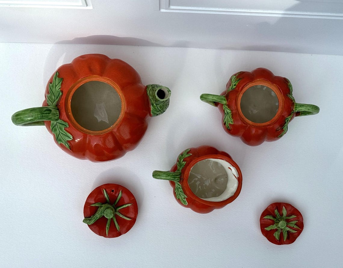 Vintage | Tomato Shaped Tea Serving Set Ceramic Red and Green - Teapot ...