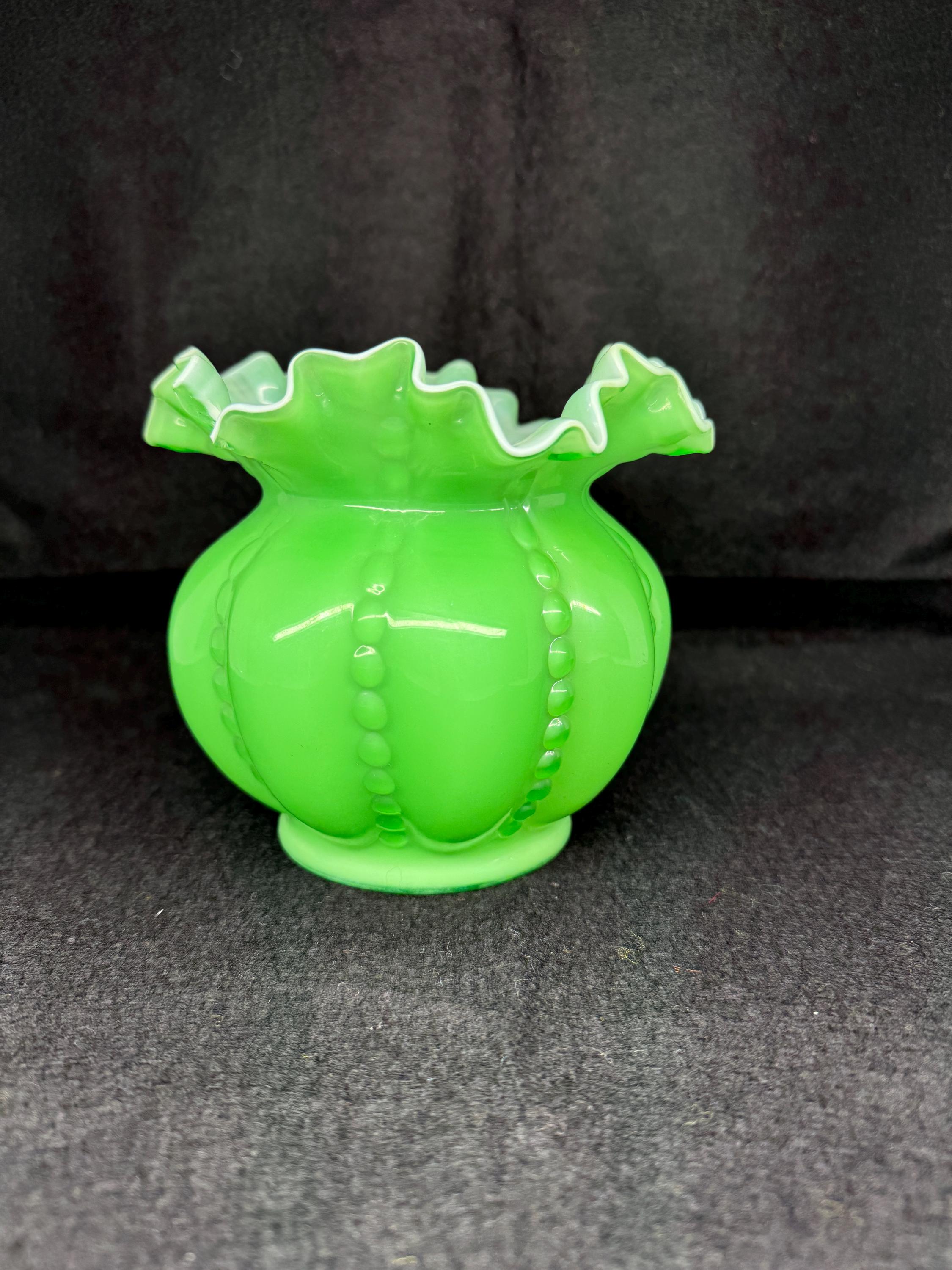 Vintage | RARE Fenton Green Cased Glass Beaded Melon Bowl Vase Flutter Edge - Etsy