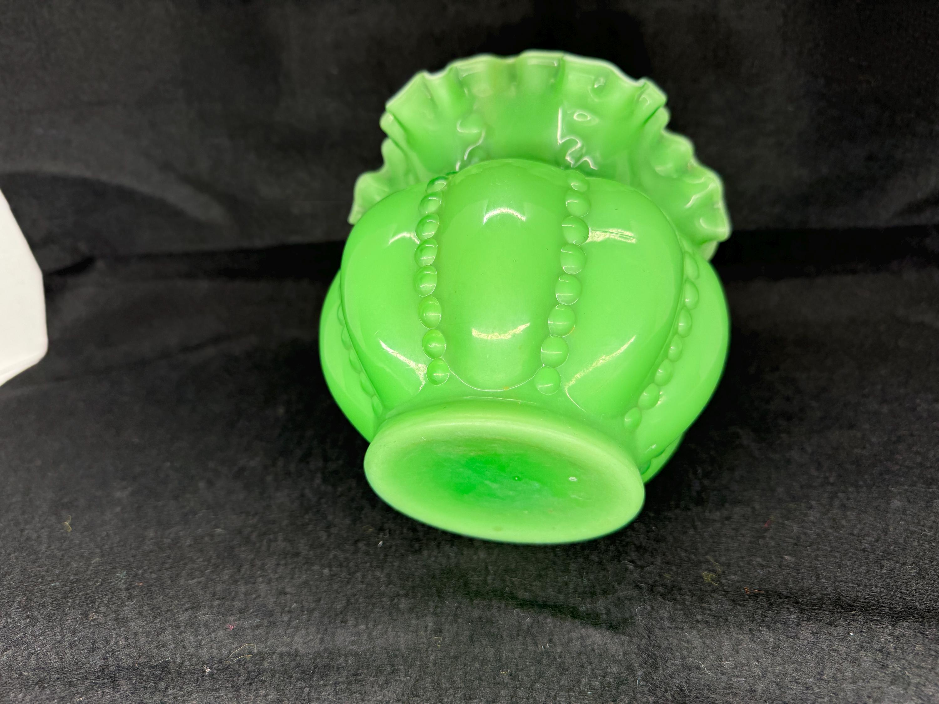 Vintage | RARE Fenton Green Cased Glass Beaded Melon Bowl Vase Flutter Edge - Etsy