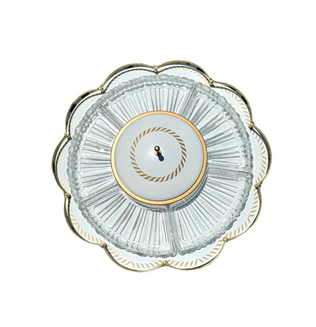 Vintage MCM Appetizer Tray Fondue Lazy Susan White Gold W/glass Trays ...