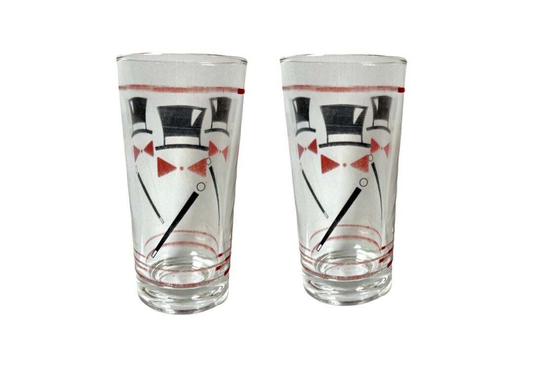 Vintage | Magician Top Hat Wand Bow Tie Drinking Glasses Barware ...