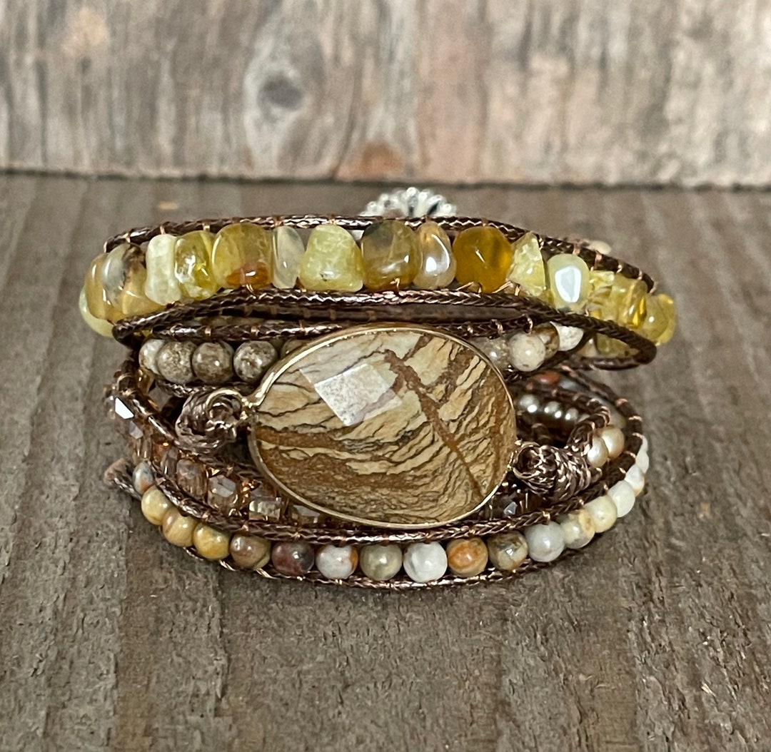 Boho Natural Stone Picture Jasper Beige Yellow Lemon Wide Gemstone Wrap ...
