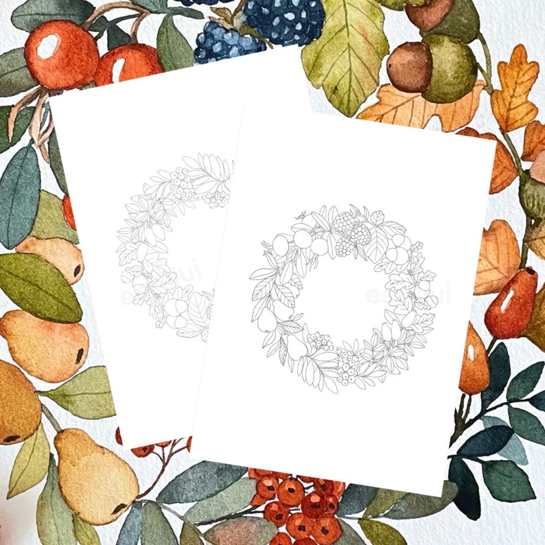 AUTUMN WREATH Adult Coloring Page Hand Drawn Digital - Etsy