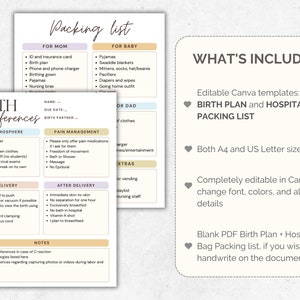 Editable Birth Plan Template: Hospital Packing List (digital Download ...