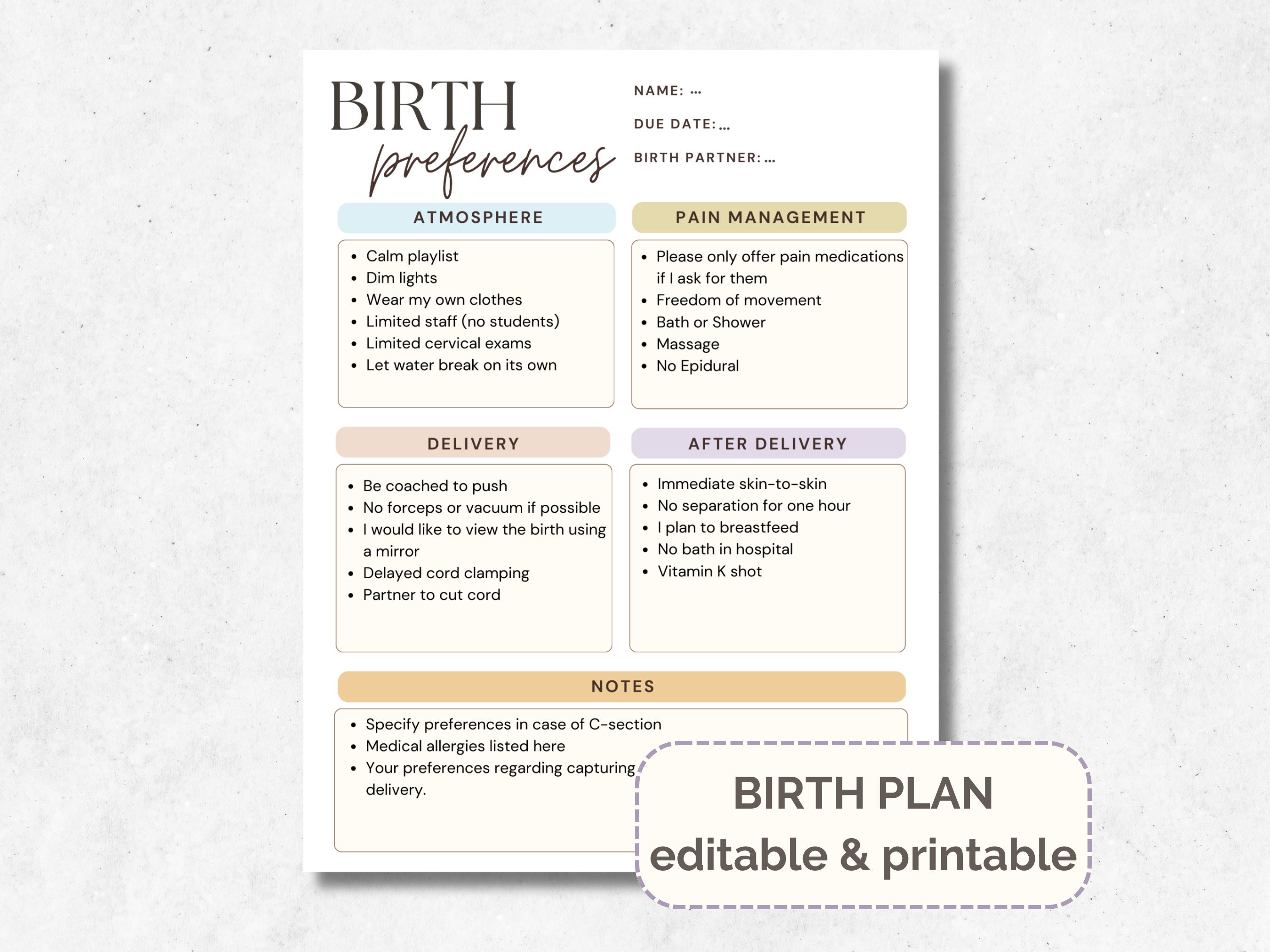 Editable Birth Plan Template: Hospital Packing List (digital Download ...