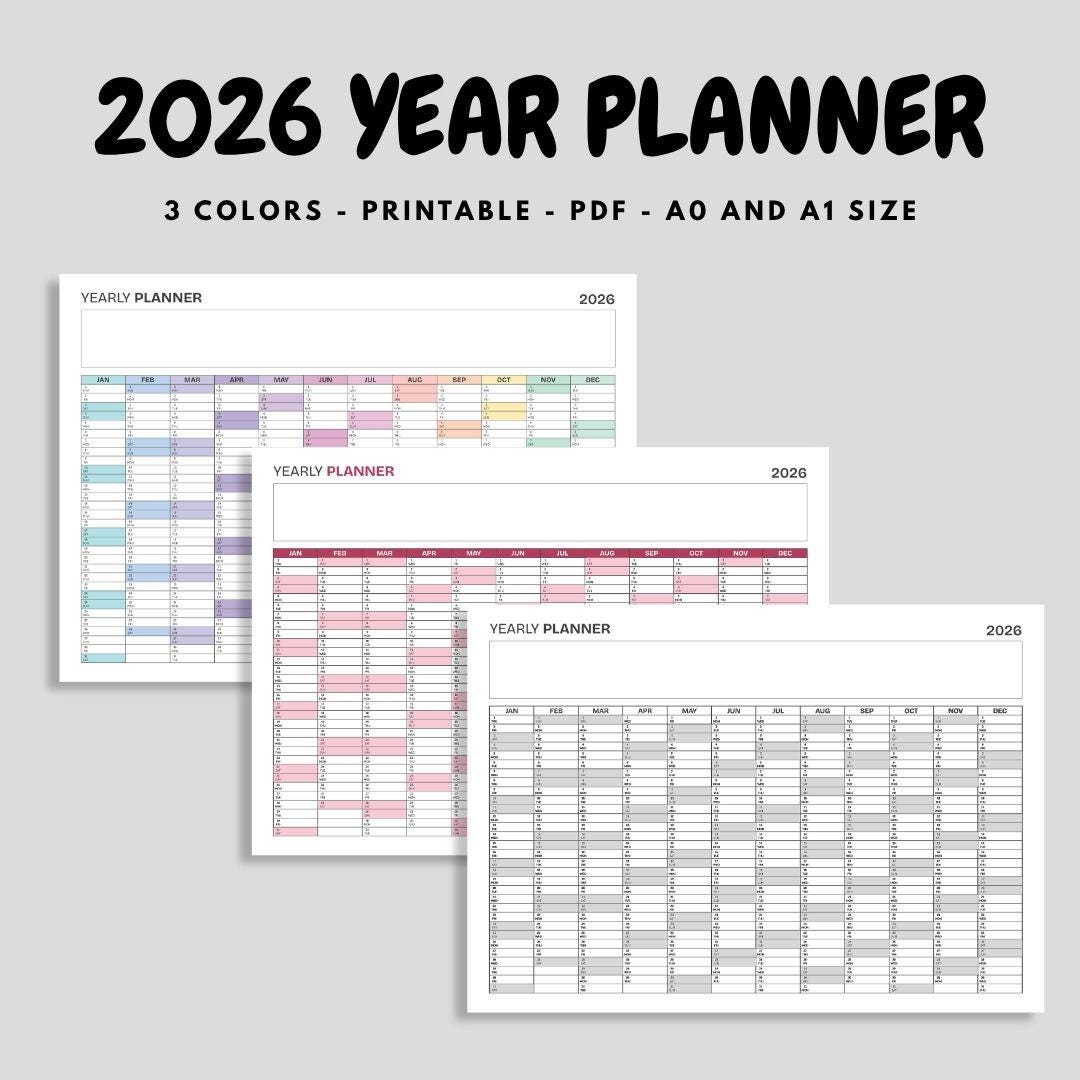 2026 Yearly Calendar Printable, Wall Planner (digital Download) - Etsy