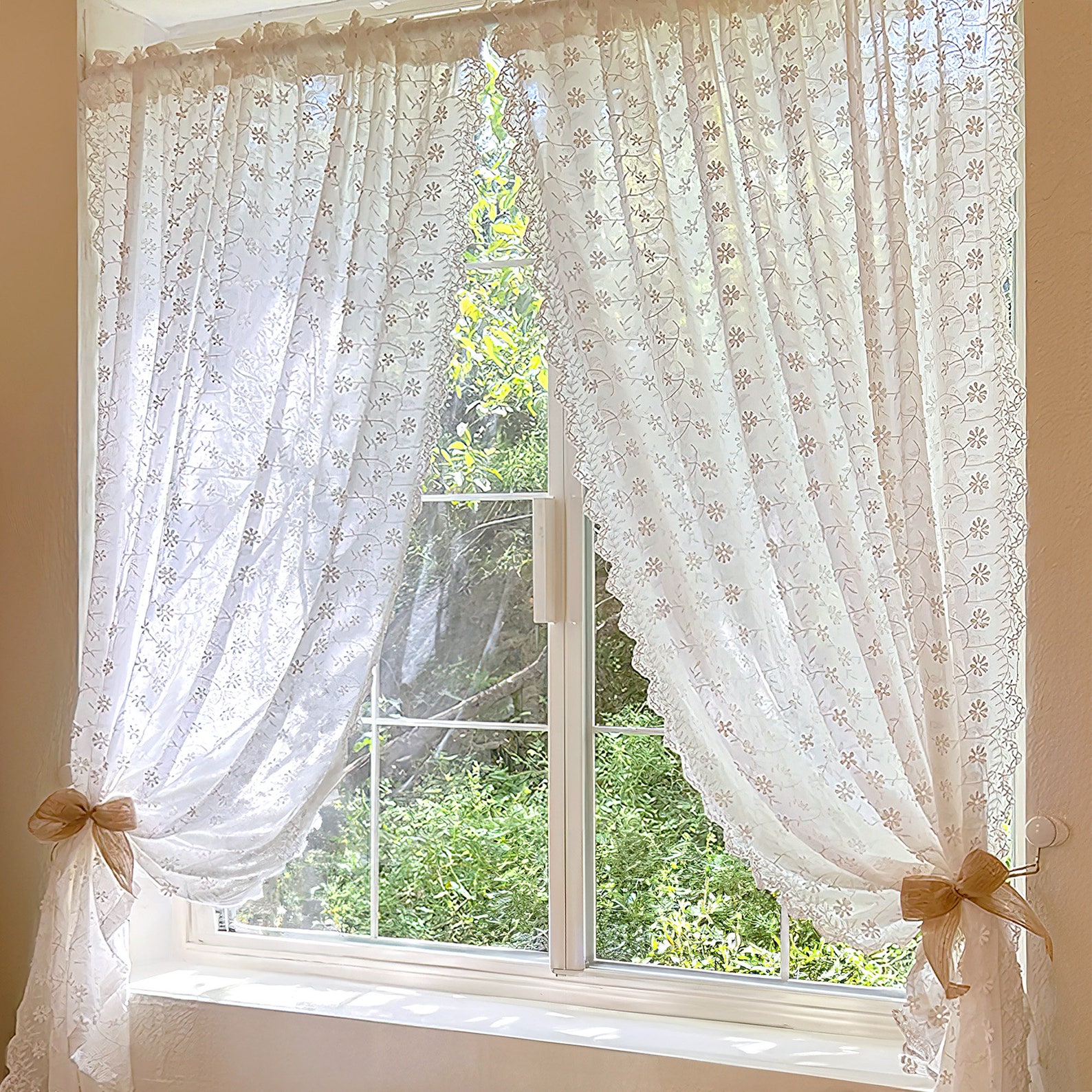 White Embroidered Curtain, Farmhouse Style Cotton 3D Floral Semi-sheer ...