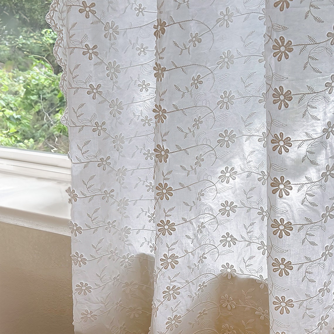 White Embroidered Curtain, Farmhouse Style Cotton 3D Floral Semi-sheer ...