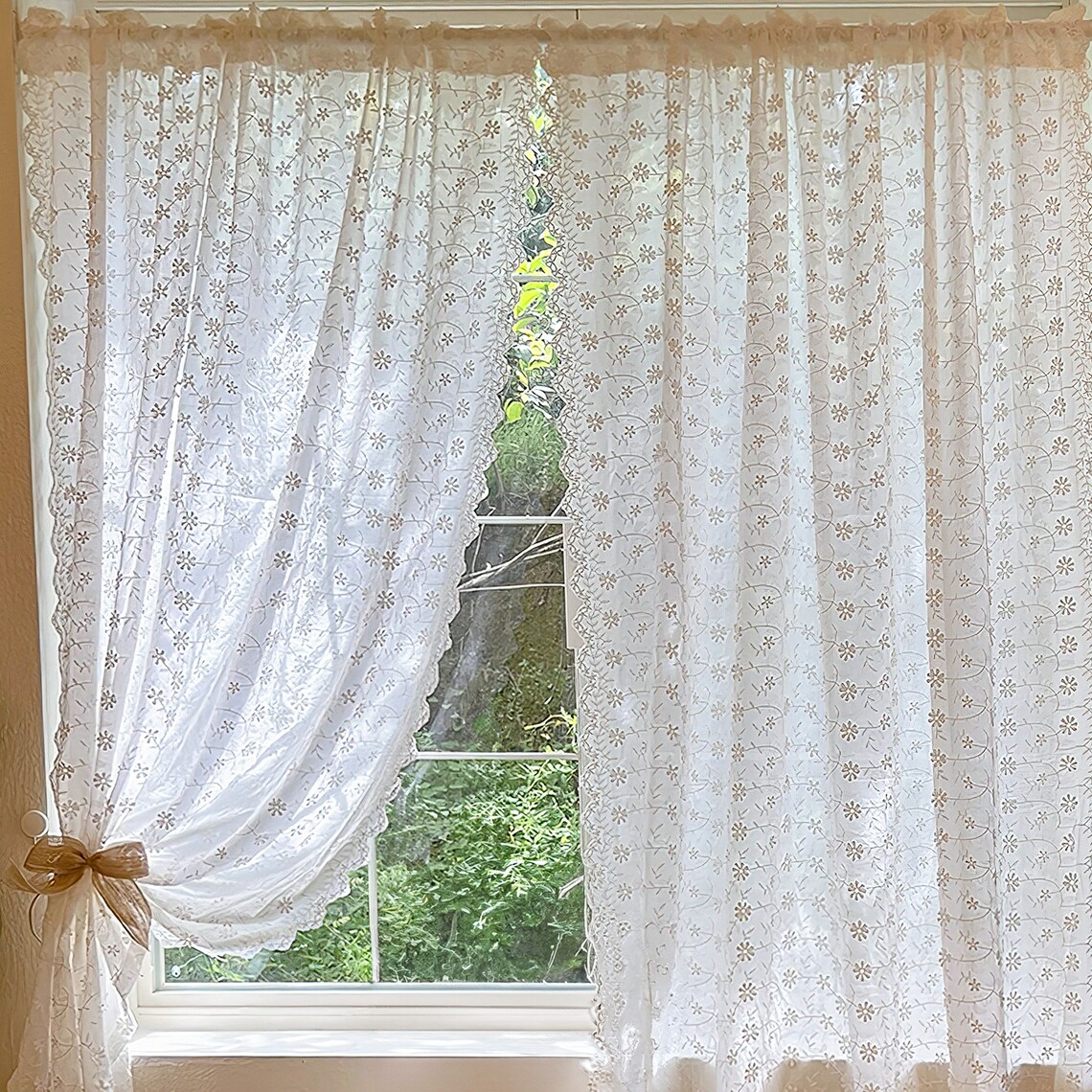 White Embroidered Curtain, Farmhouse Style Cotton 3D Floral Semi-sheer ...