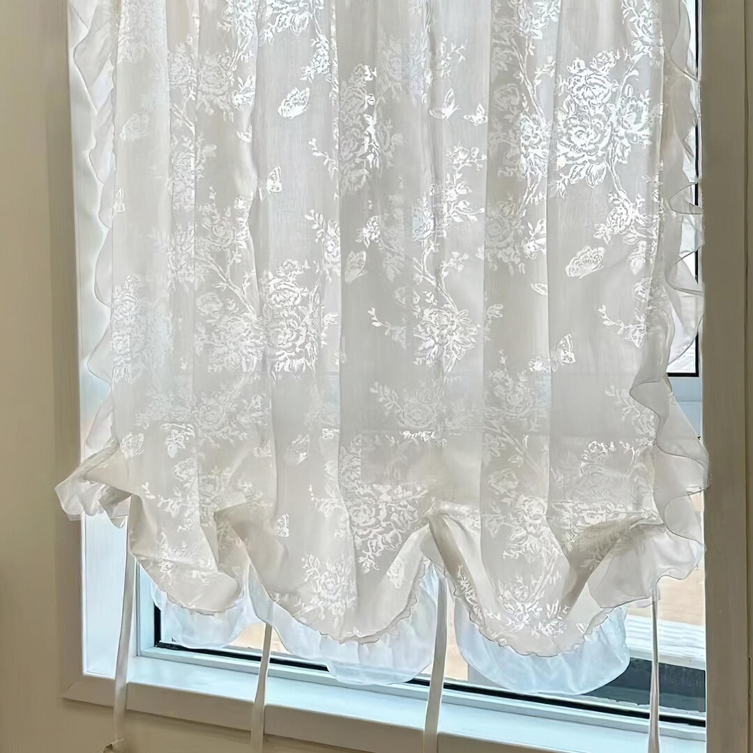 Romantic Chiffon Ruffle Trim Pull-up Curtain, Drawstring Design ...