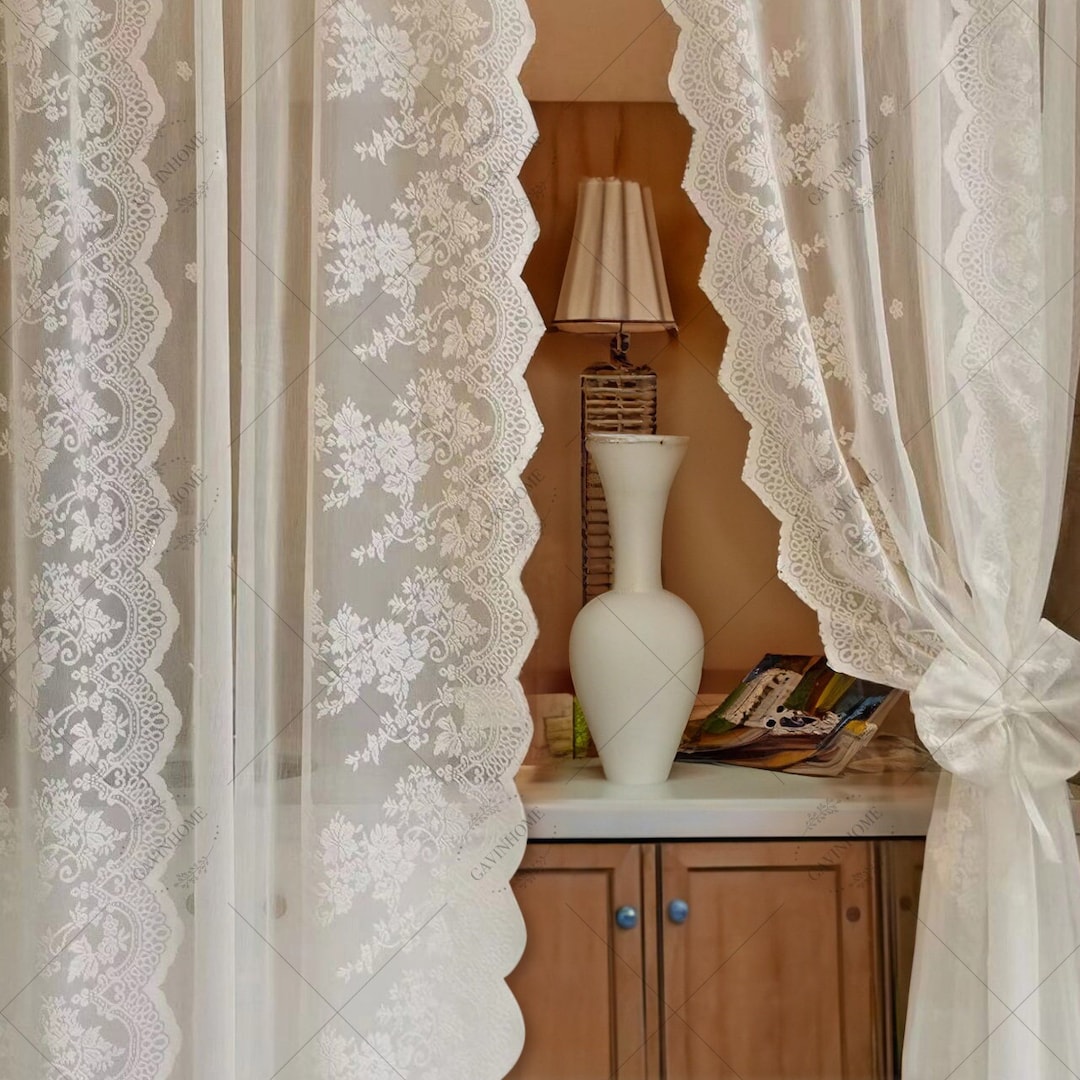 White Floral Lace Sheer Curtains: Shabby Chic Window Drapes - Etsy
