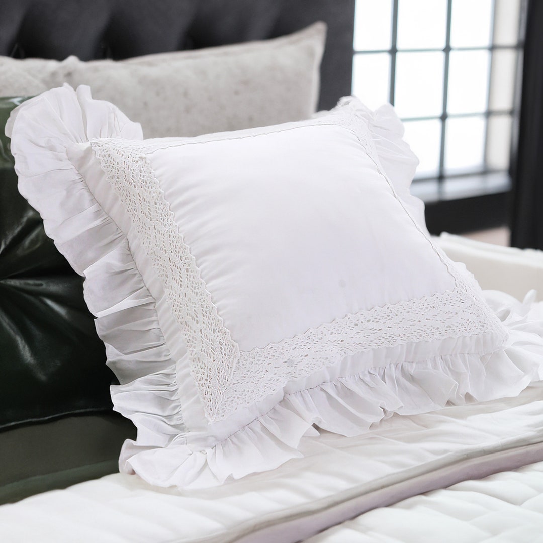 White Cotton Jacquard Pillow Covers, Ruffled Lace Cushion Covers for ...