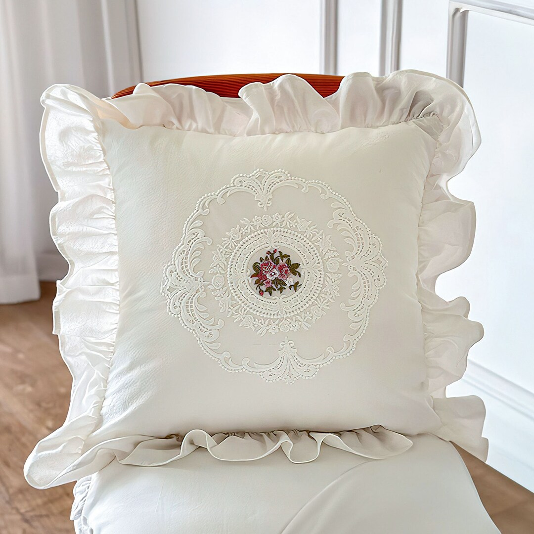 White Ruffle Edge Square Cotton Pillow Cover, Embroiderd Cushion Cover ...