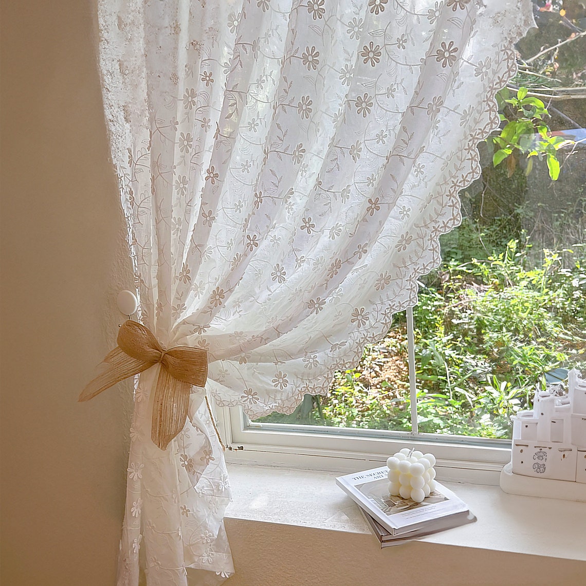 White Embroidered Curtain, Farmhouse Style Cotton 3D Floral Semi-sheer ...