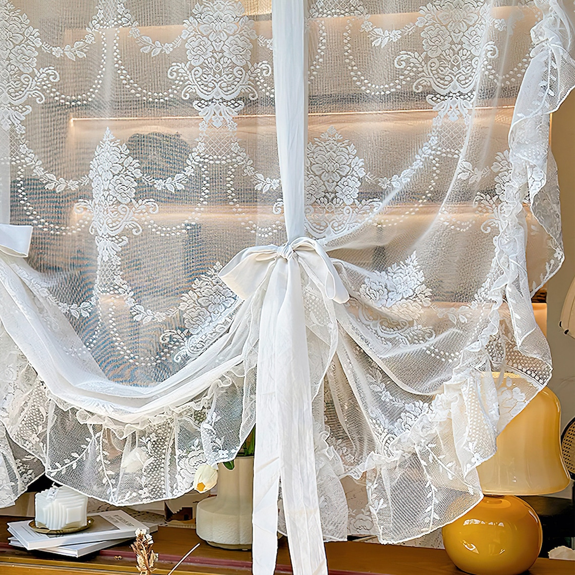 White Embroidered Sheer Curtain: Romantic Scalloped Edges Lace Tie-up ...