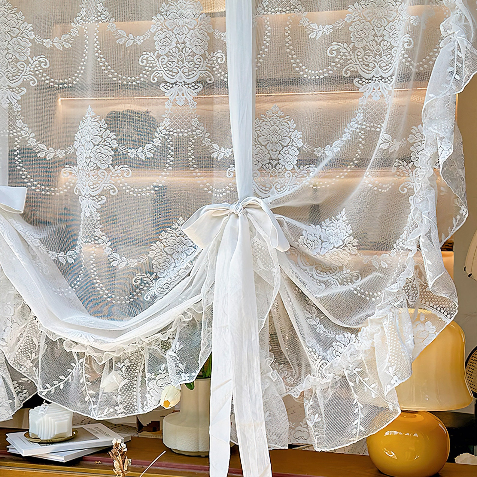 White Embroidered Sheer Curtain: Romantic Scalloped Edges Lace Tie-up ...