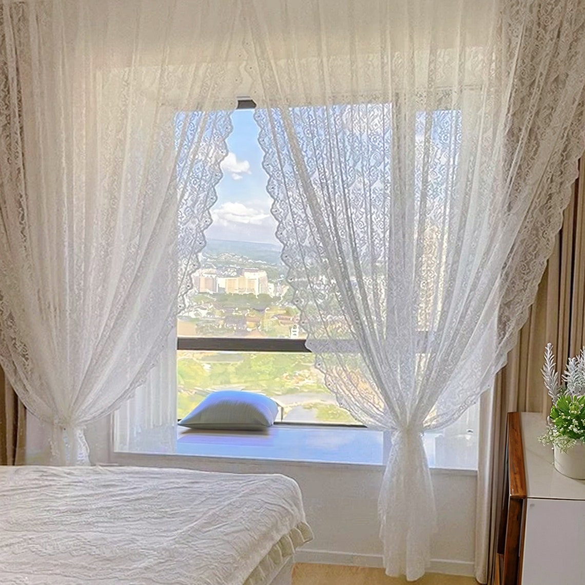 White Floral Embroidered Sheer Curtains, French Style Triple Ruffle ...