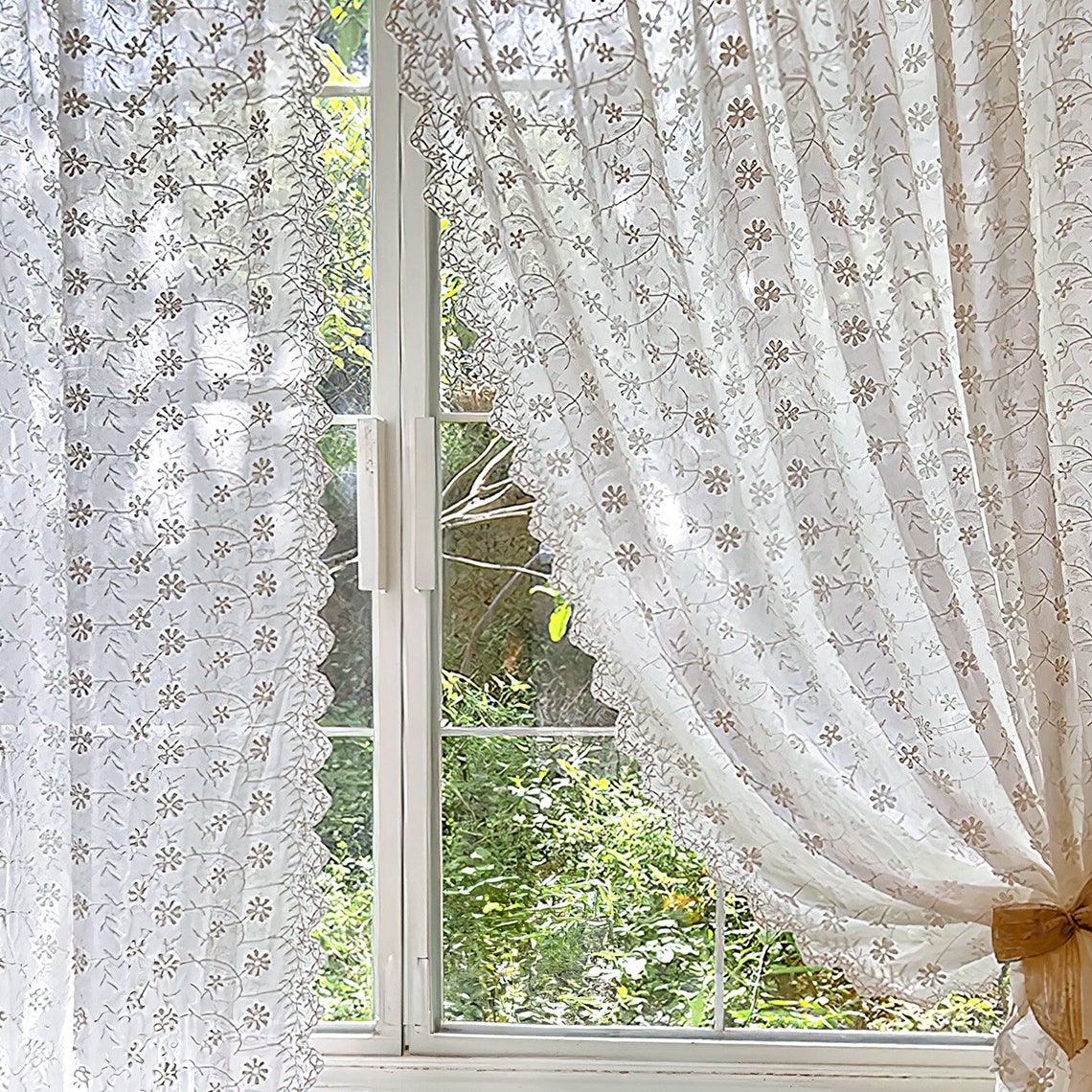 White Embroidered Curtain, Farmhouse Style Cotton 3D Floral Semi-sheer ...