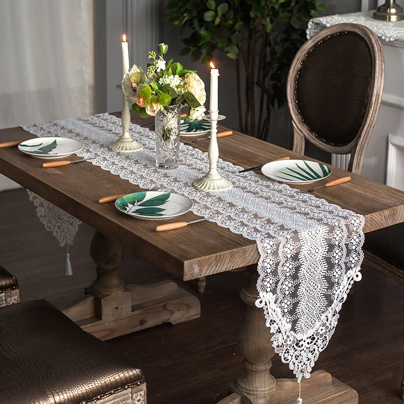 White Lace Table Runner Dresser Scarfembroidered Floral - Etsy
