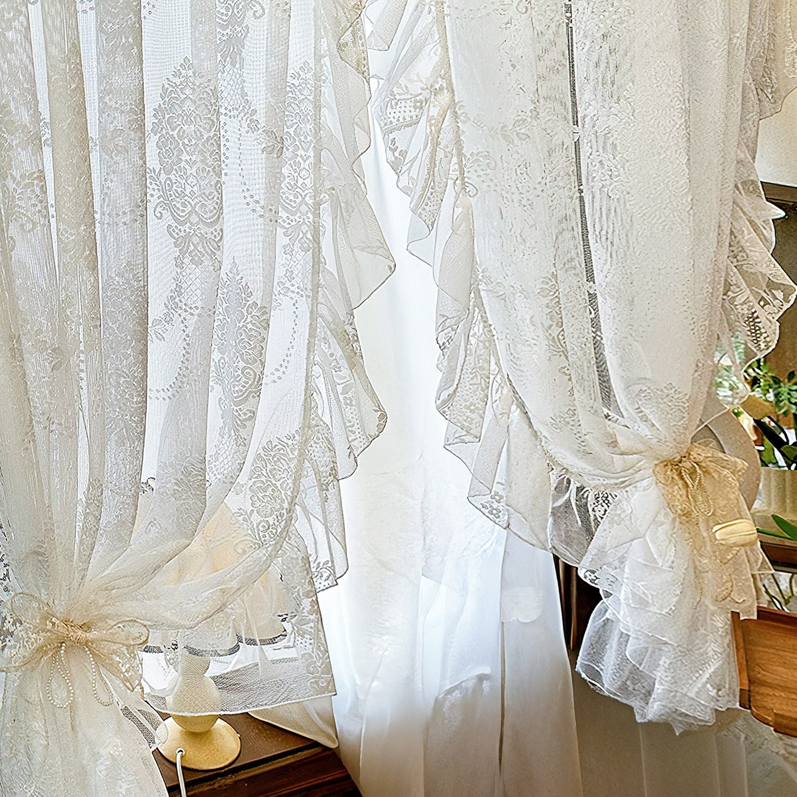 White Embroidered Sheer Curtain: Romantic Ruffled Lace Light Filtering ...