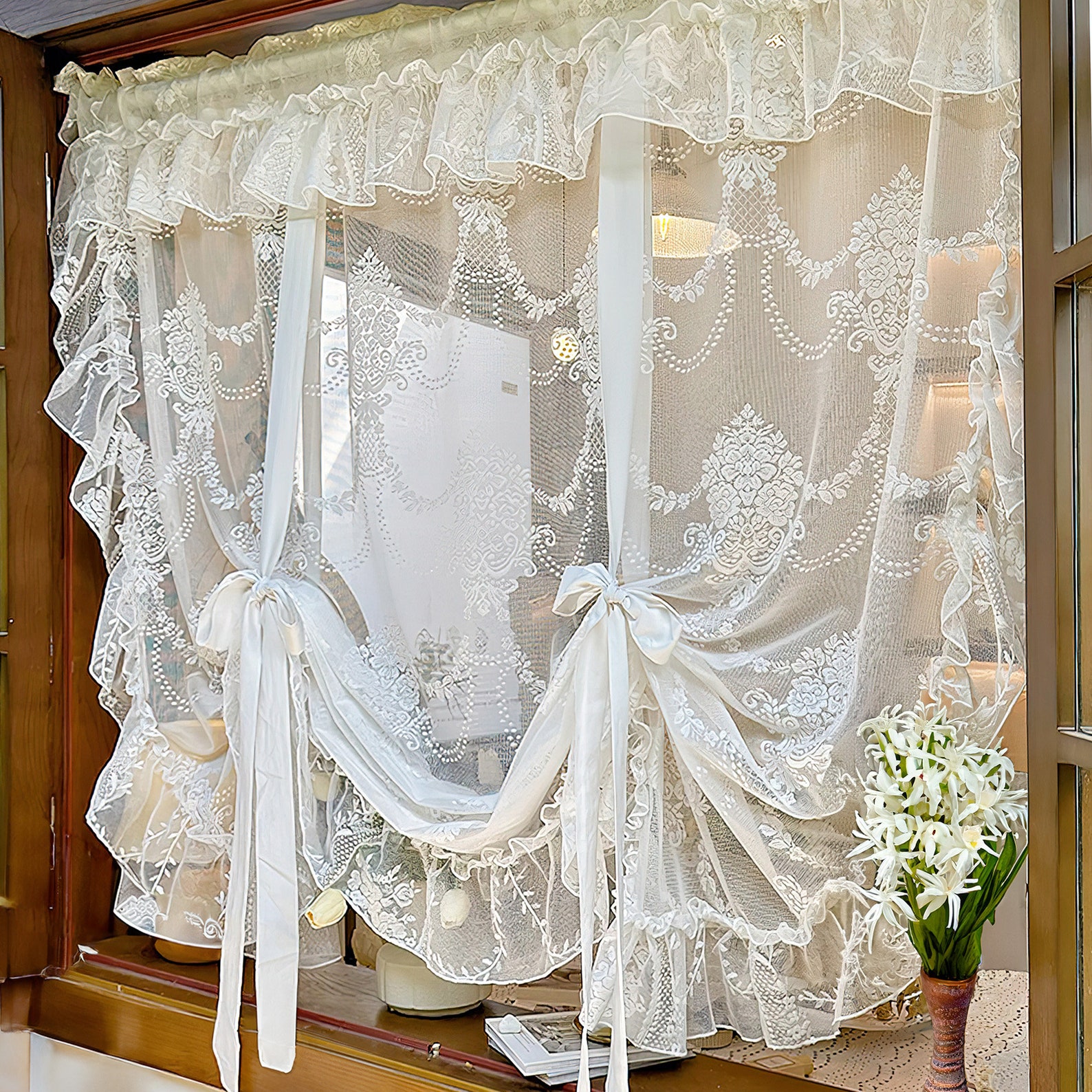 White Embroidered Sheer Curtain: Romantic Scalloped Edges Lace Tie-up ...