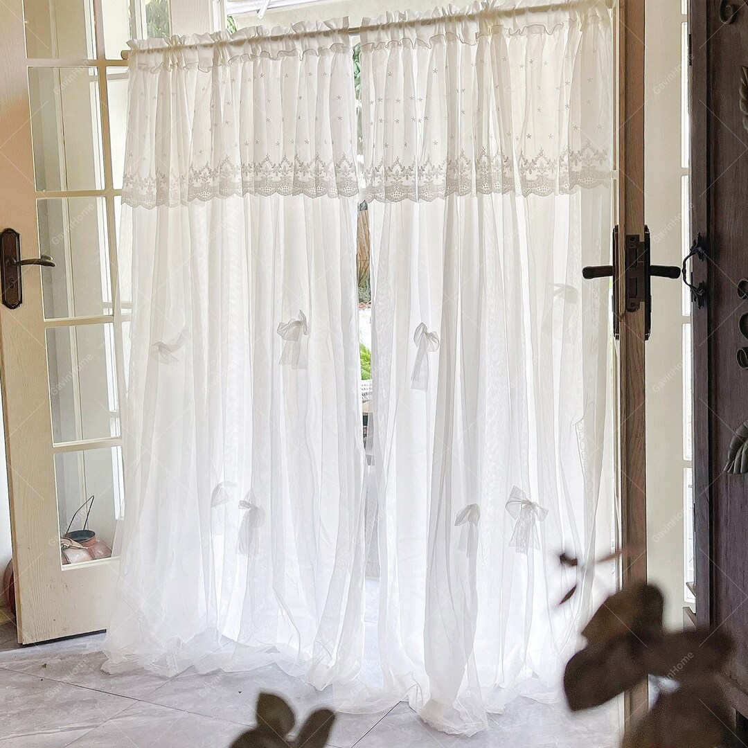 White Sheer Lace Curtain With Valance: Vintage-inspired Bow Decor - Etsy
