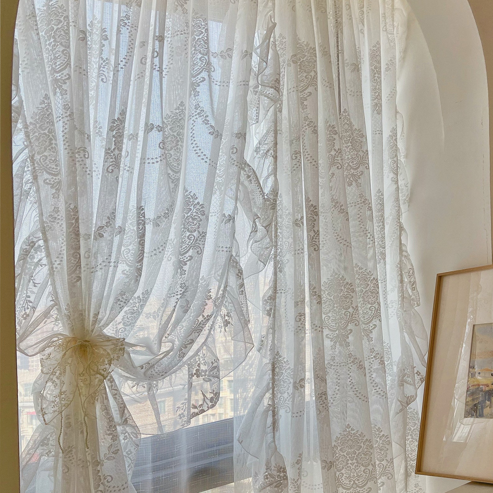White Embroidered Sheer Curtain: Romantic Ruffled Lace Light Filtering ...