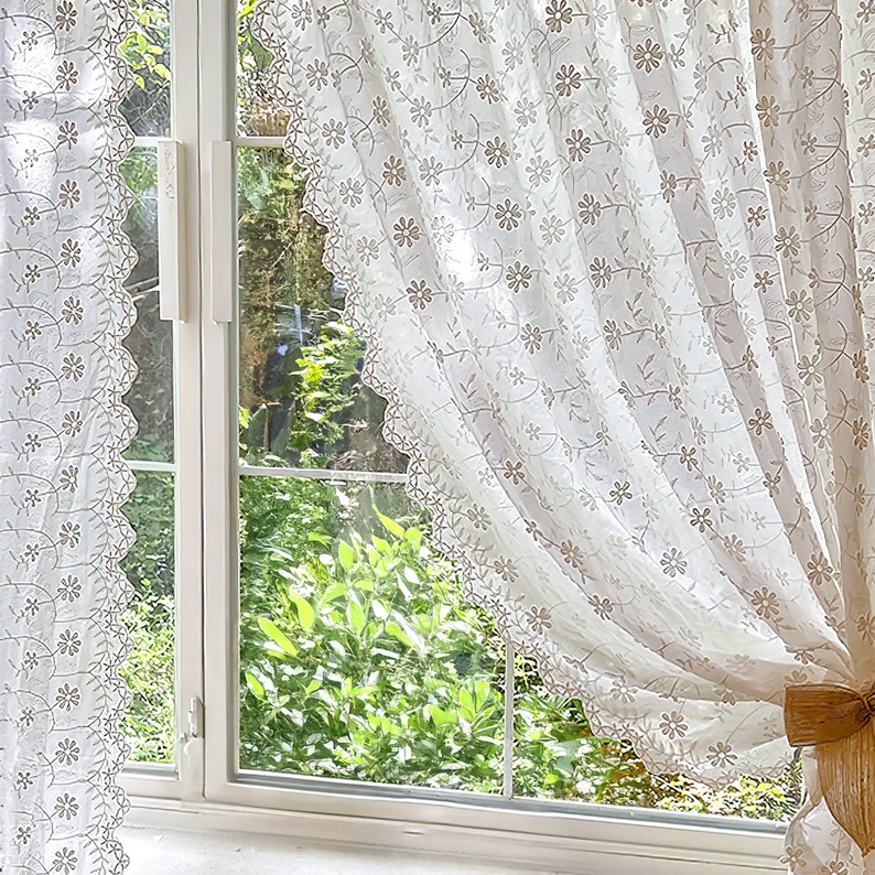 White Embroidered Curtain, Farmhouse Style Cotton 3D Floral Semi-sheer ...