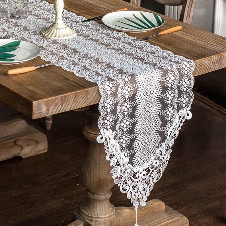 White Lace Table Runner Dresser Scarfembroidered Floral - Etsy