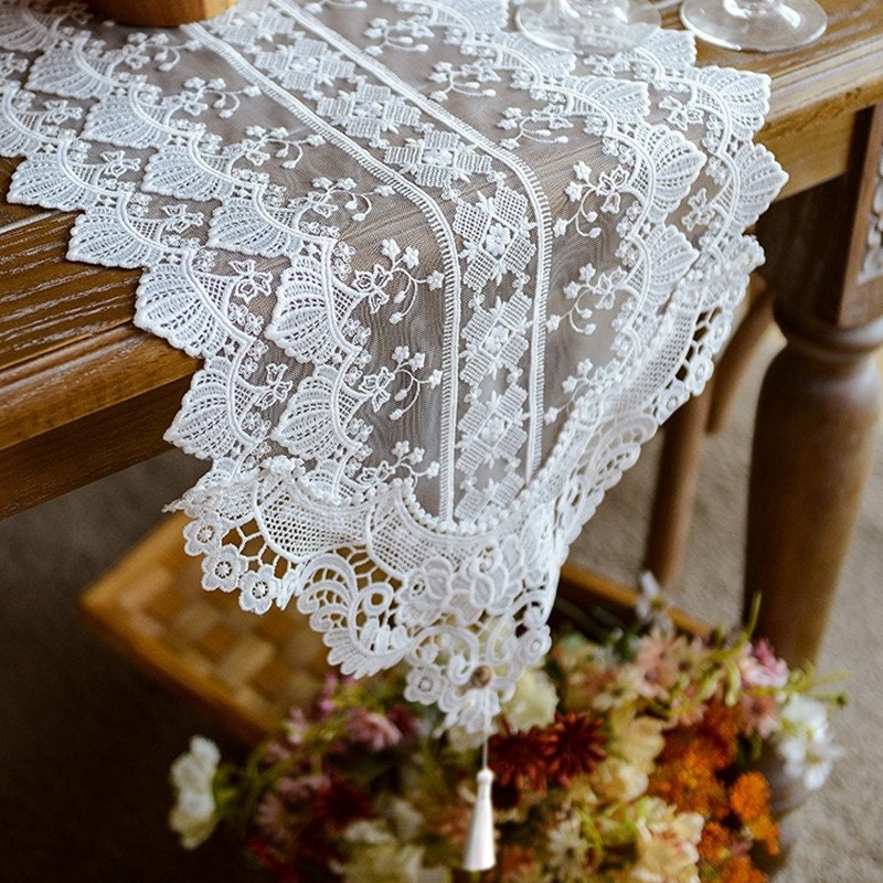 White Lace Table Runner Dresser Scarfembroidered Floral - Etsy