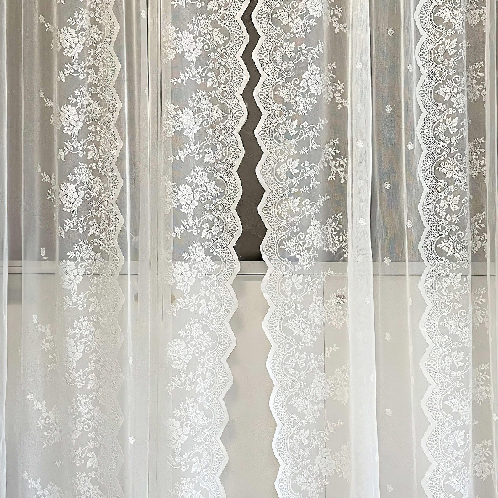 White Sheer Floral Lace Curtain: Shabby Chic Window Drape - Etsy