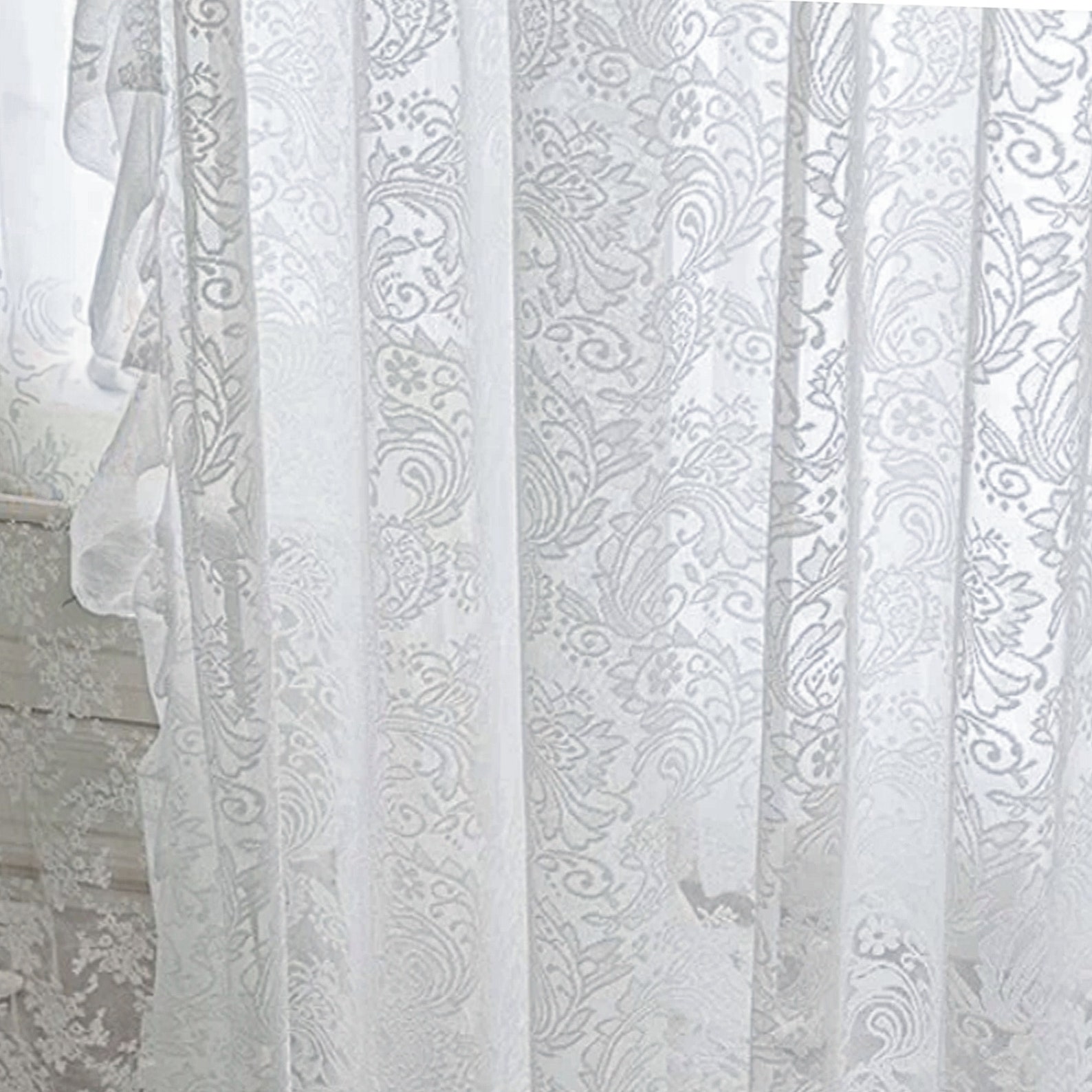 White Floral Embroidered Sheer Curtains, French Style Triple Ruffle ...