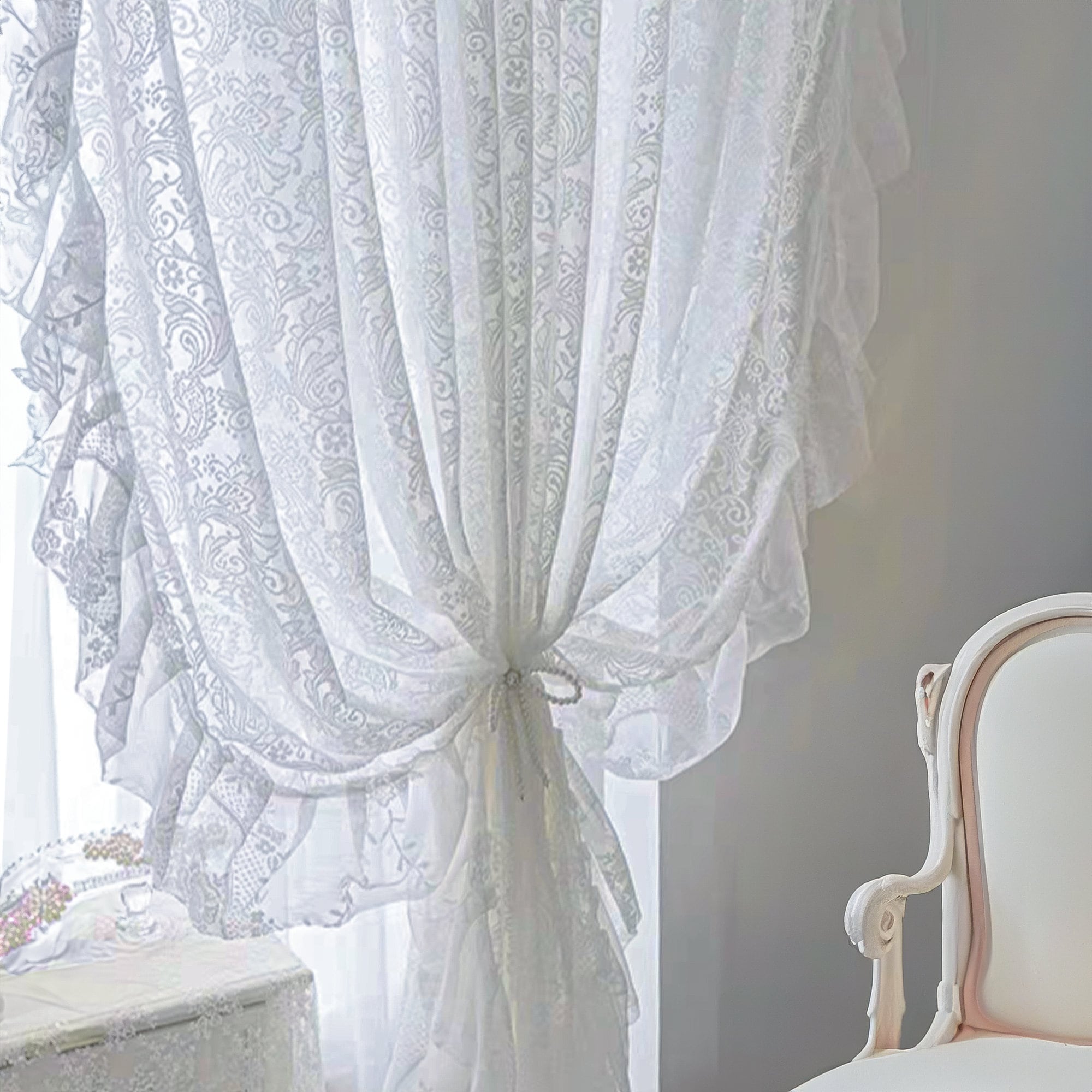 White Floral Embroidered Sheer Curtains, French Style Triple Ruffle ...