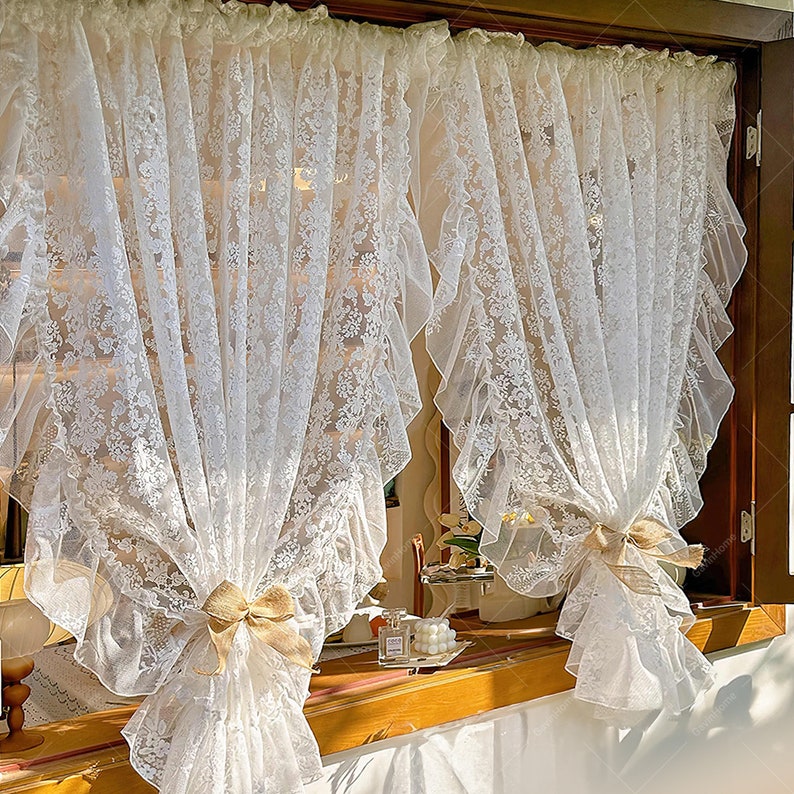 French Style Lace Curtain: Embroidered Floral Ruffled Cafe Curtain - Etsy