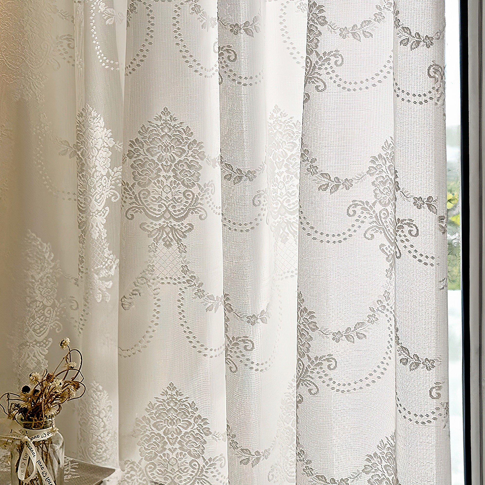 White Embroidered Sheer Curtain: Romantic Ruffled Lace Light Filtering ...