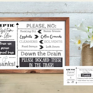 Kitchen Drain Sign, Septic Printable, Drain Only Sign and Grease ...
