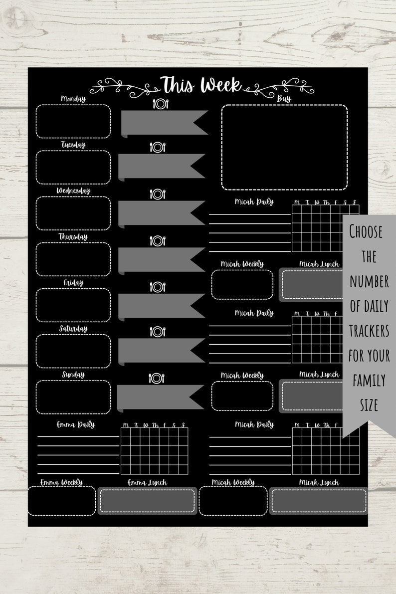 Printable Weekly Chalkboard Command Center Planner With Space for Meals ...