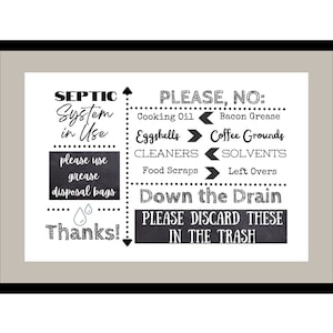 Kitchen Drain Sign, Septic Printable, Drain Only Sign and Grease ...