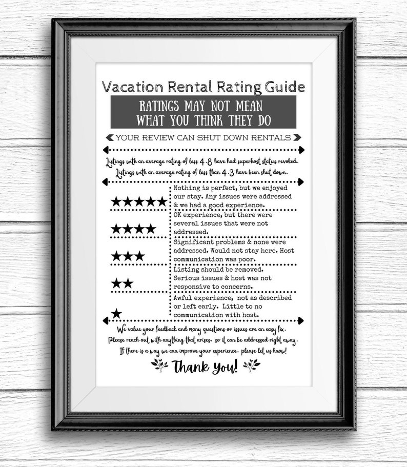 Vacation Rental Rating Guide Printable Great for Airbnb or VRBO Hosts ...