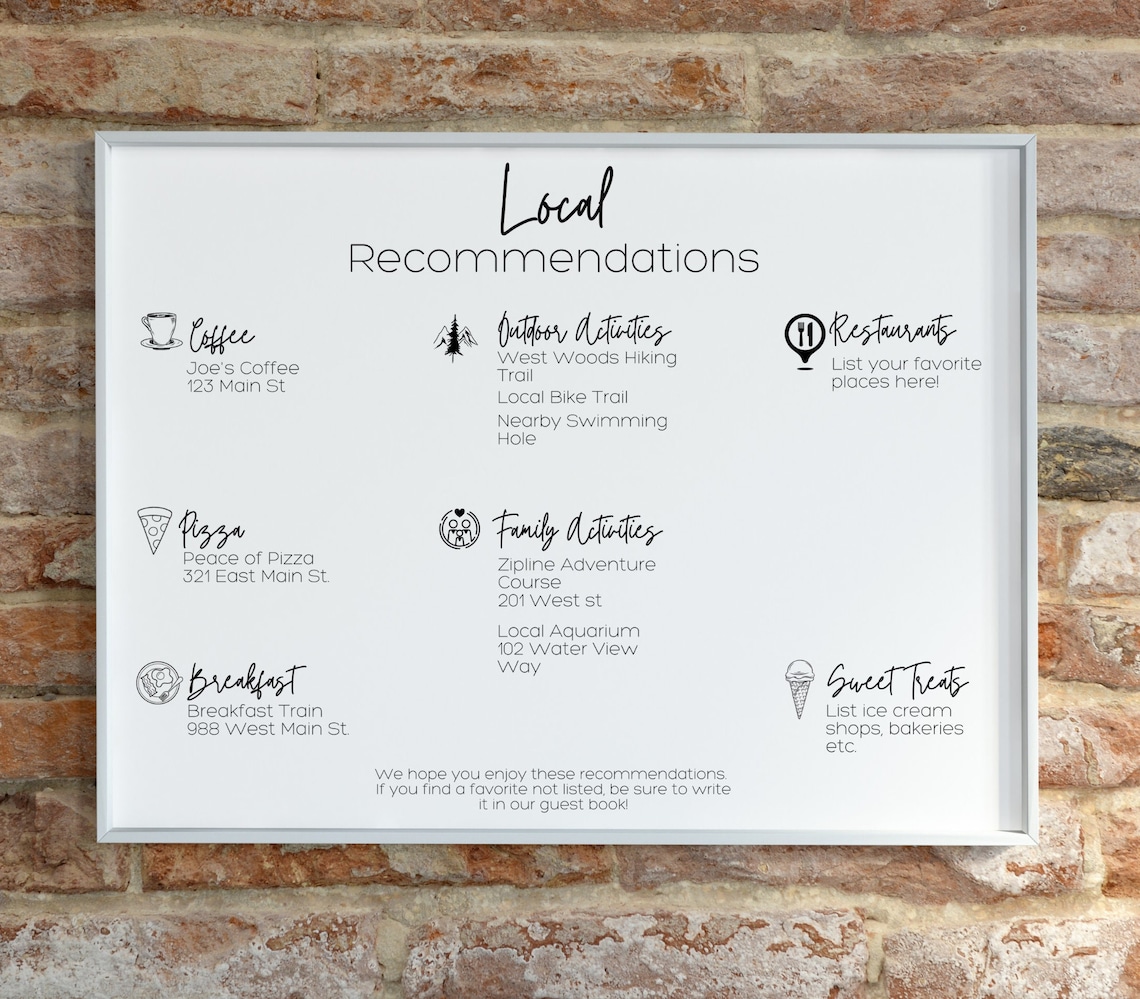 Airbnb Local Recommendations Sign for Hosts, Editable Vacation Rental ...