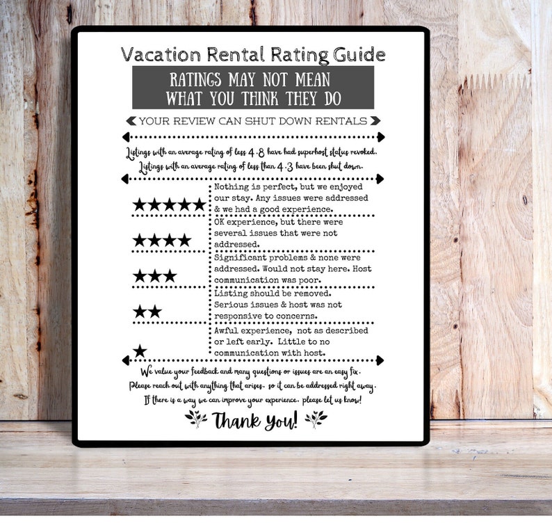 Vacation Rental Rating Guide Printable Great for Airbnb or VRBO Hosts ...
