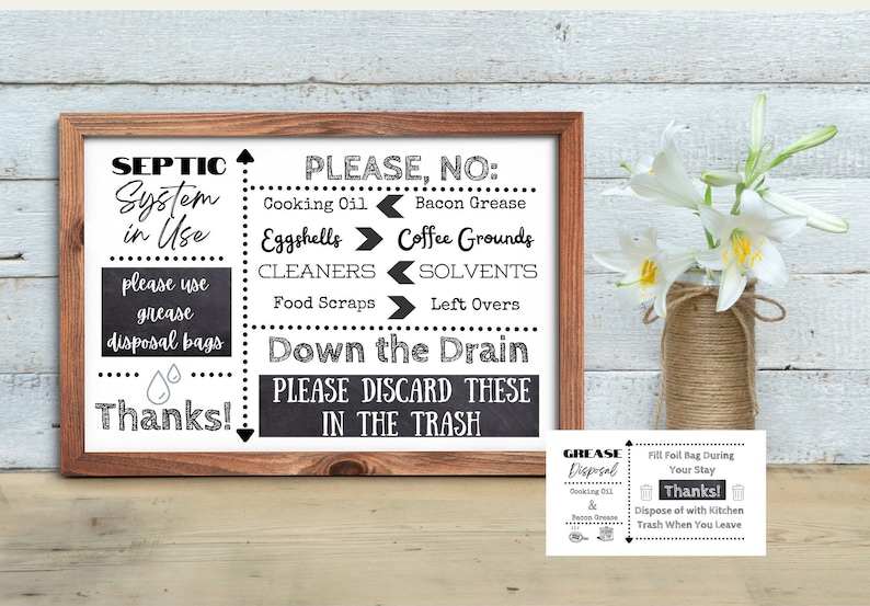 Kitchen Drain Sign, Septic Printable, Drain Only Sign and Grease ...