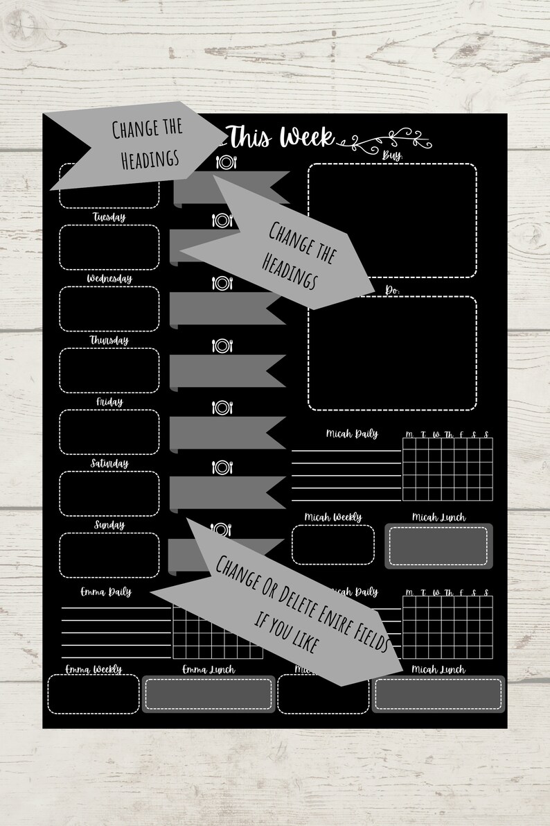 Printable Weekly Chalkboard Command Center Planner With Space for Meals ...