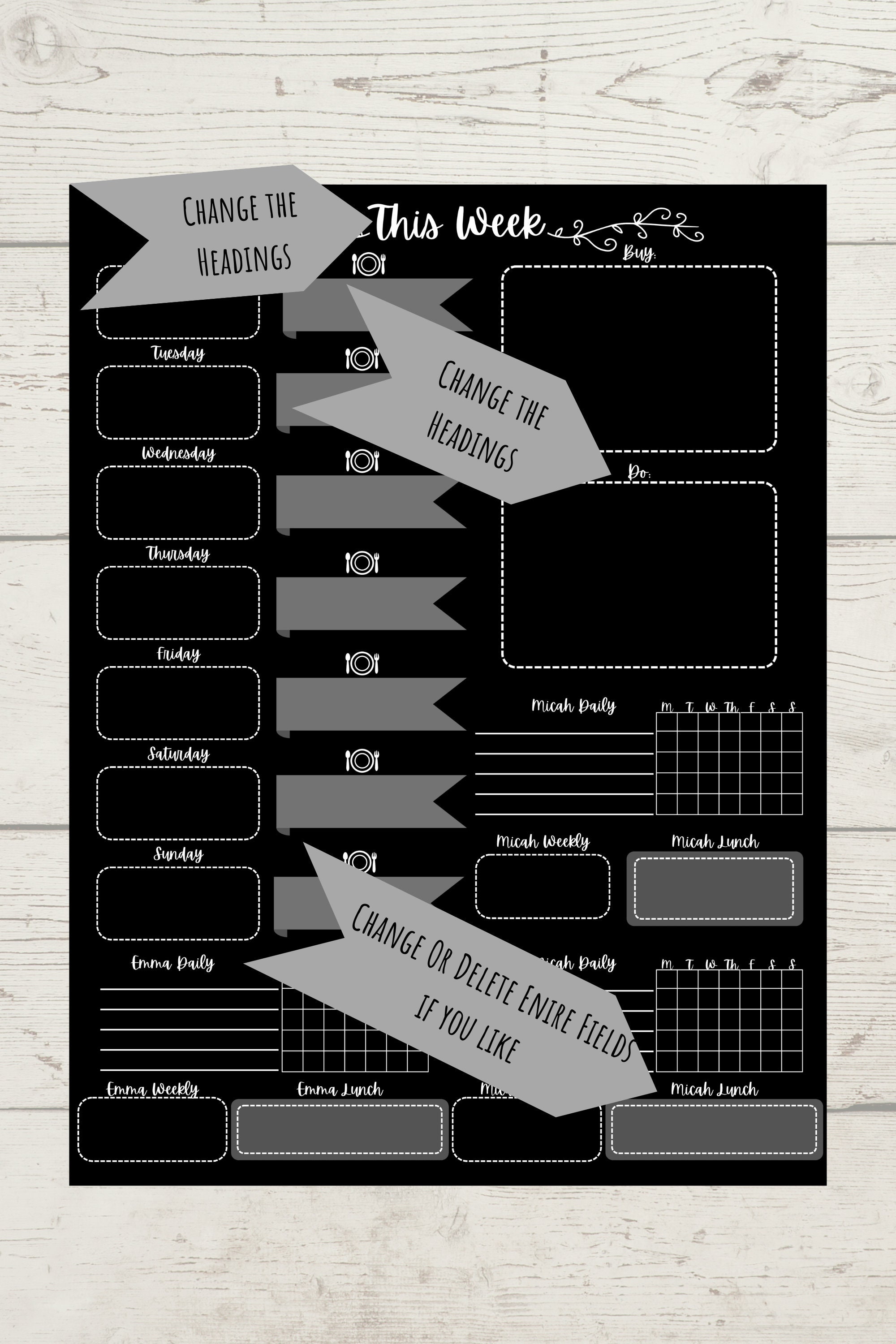 Printable Weekly Chalkboard Command Center Planner With Space for Meals ...