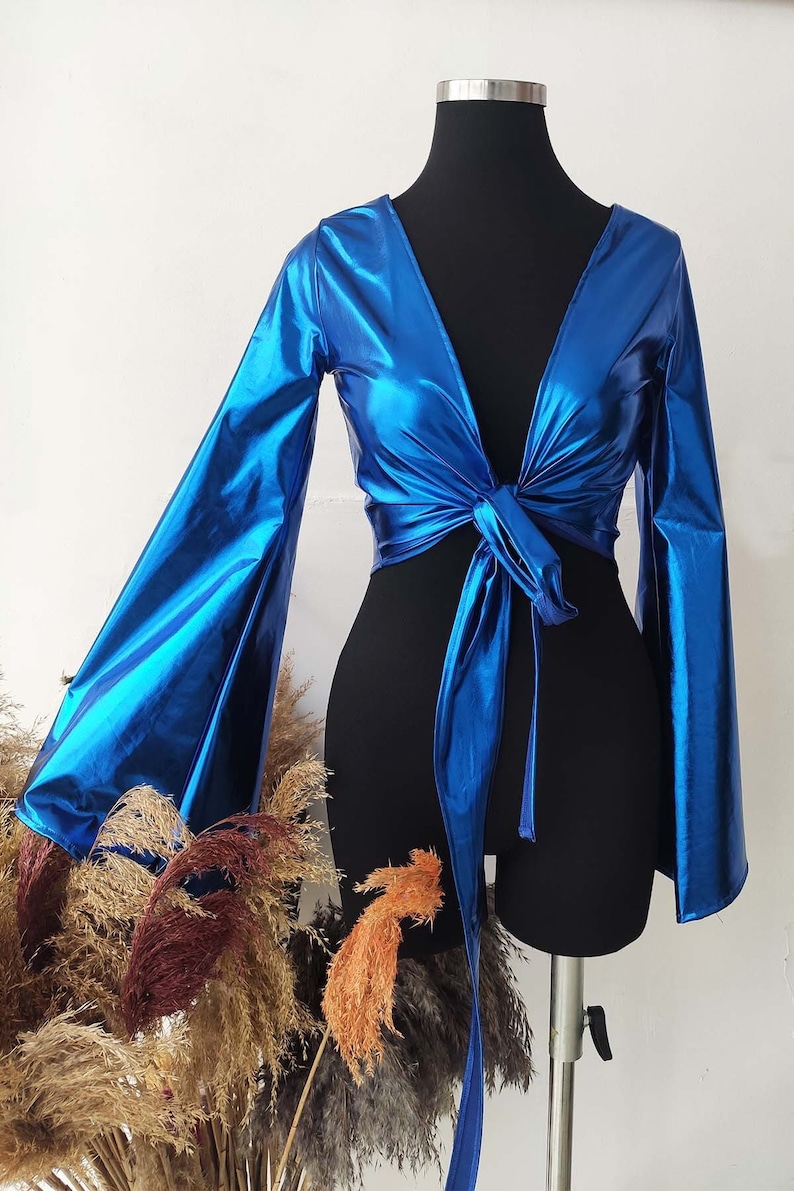 Tie Front Crop Top in Royal Blue, Long Bell Sleeve Wrap Top With Front ...