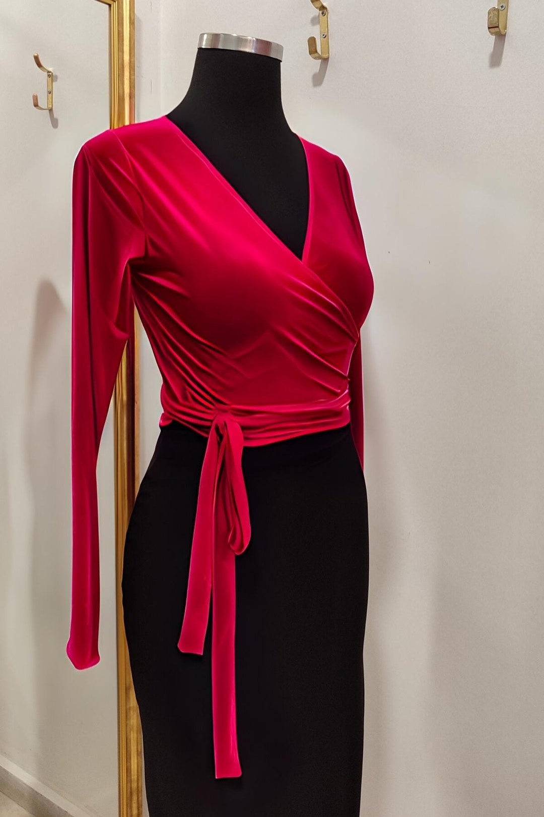 Red Velvet Wrap Top – Long Sleeve Elegant Party Blouse, Tango Dance ...