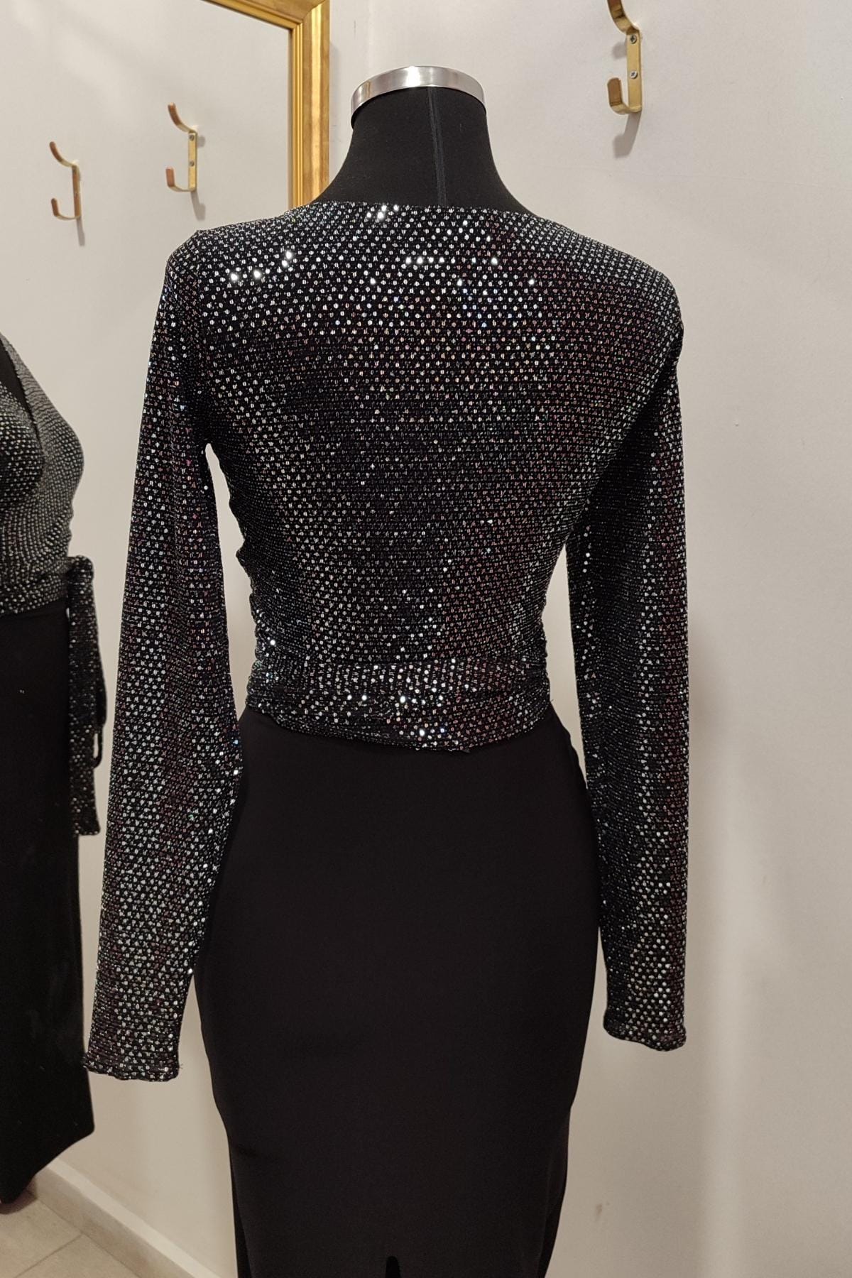 Black Sequin Wrap Top – Long Sleeve Elegant Evening Blouse, Sparkly ...