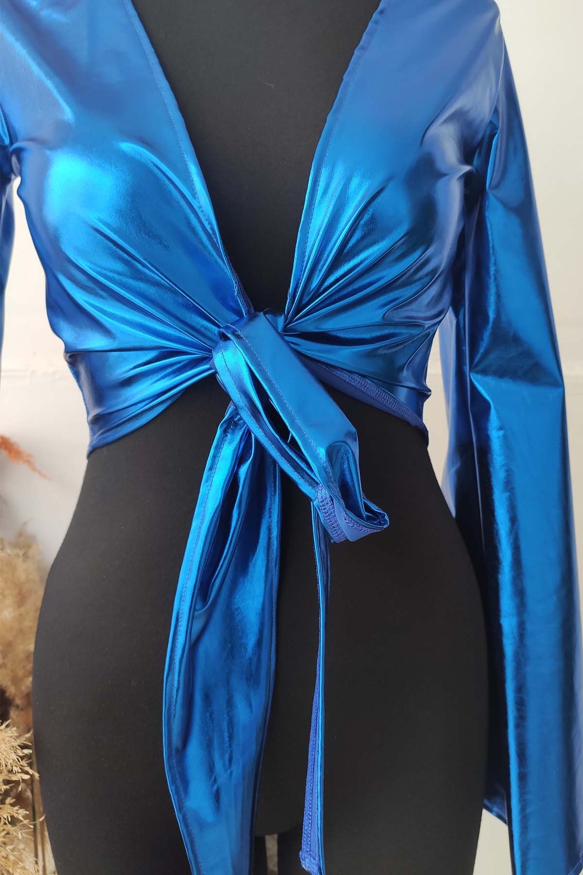 Tie Front Crop Top in Royal Blue, Long Bell Sleeve Wrap Top With Front ...