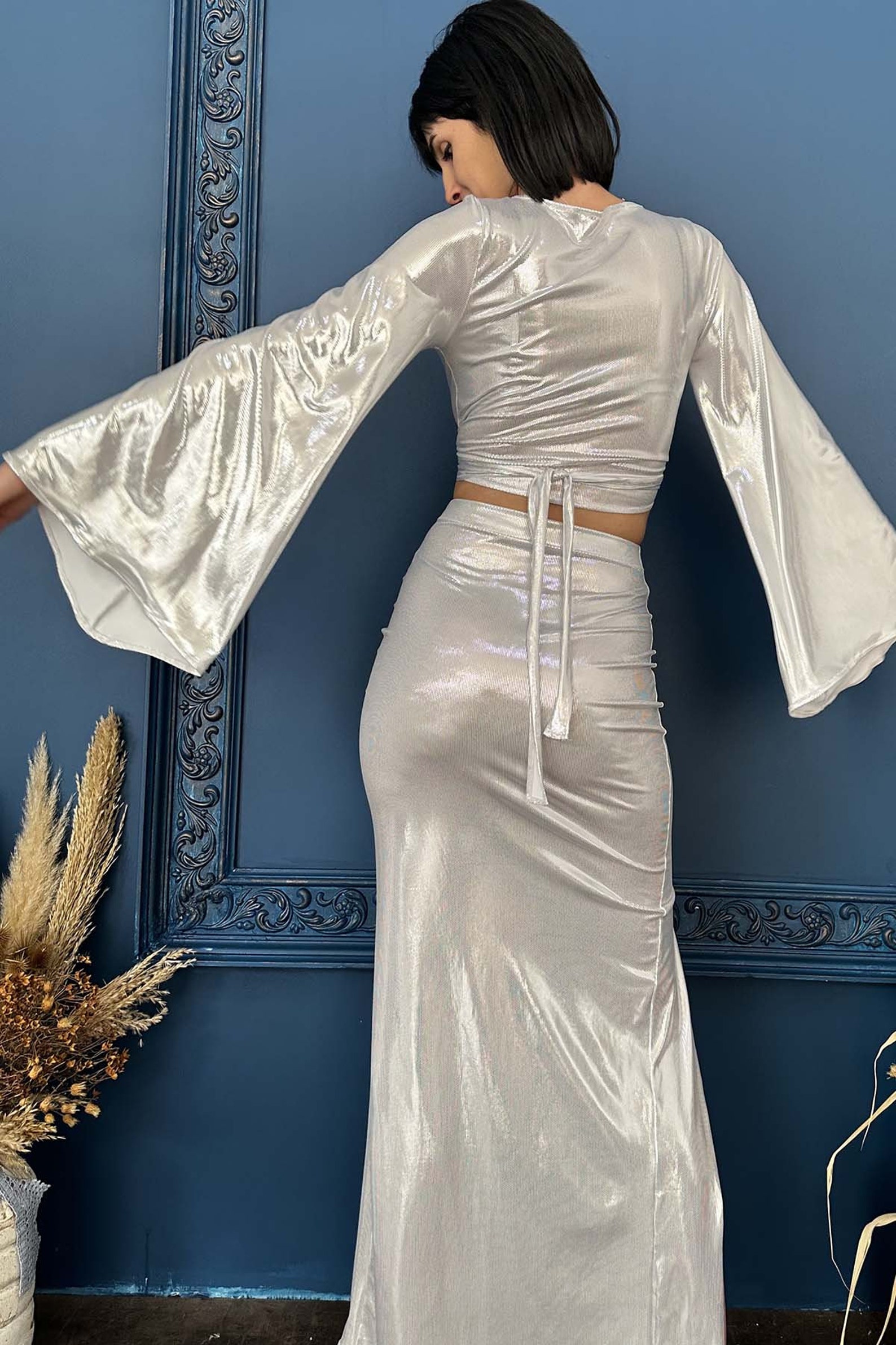 Silver Tie Top, Bell Sleeve Front Tie Crop Top, Silver Top, Wrap Crop ...