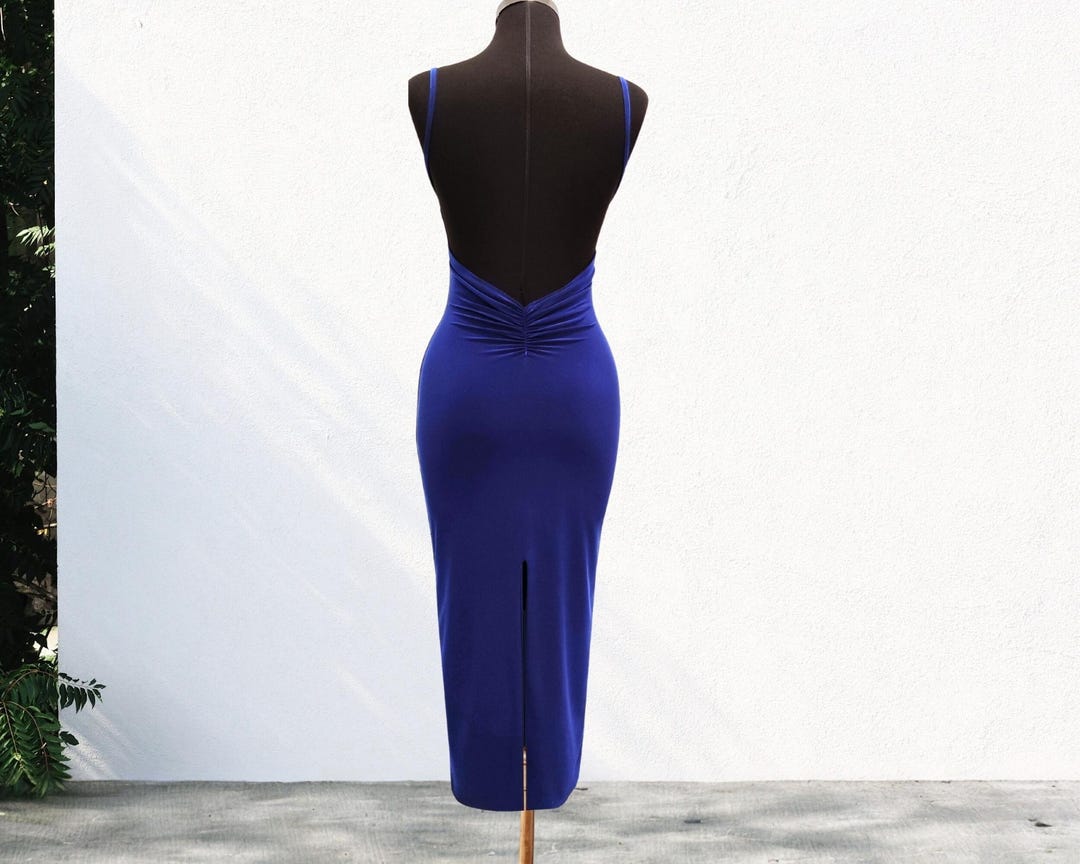 Blue Evening Cocktail Dress, Backless Royal Blue Ruched Argentine Tango ...